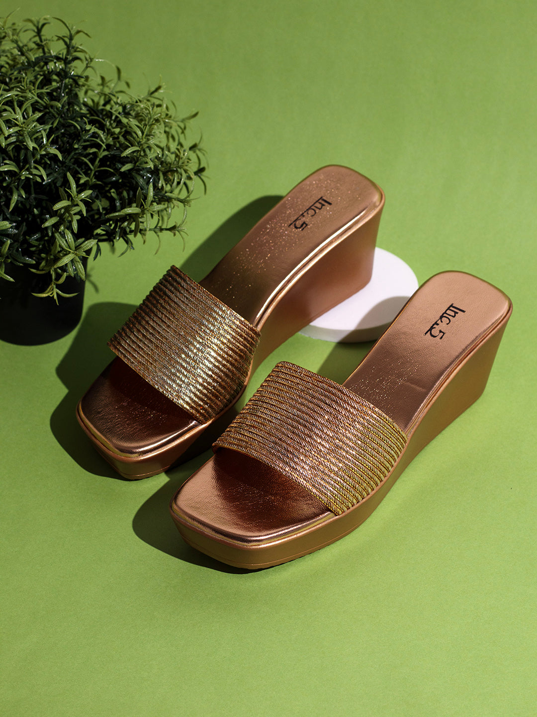 Buy Now Womens Rose Gold Party Wear Solid Round Toe Wedge Heel Sandals