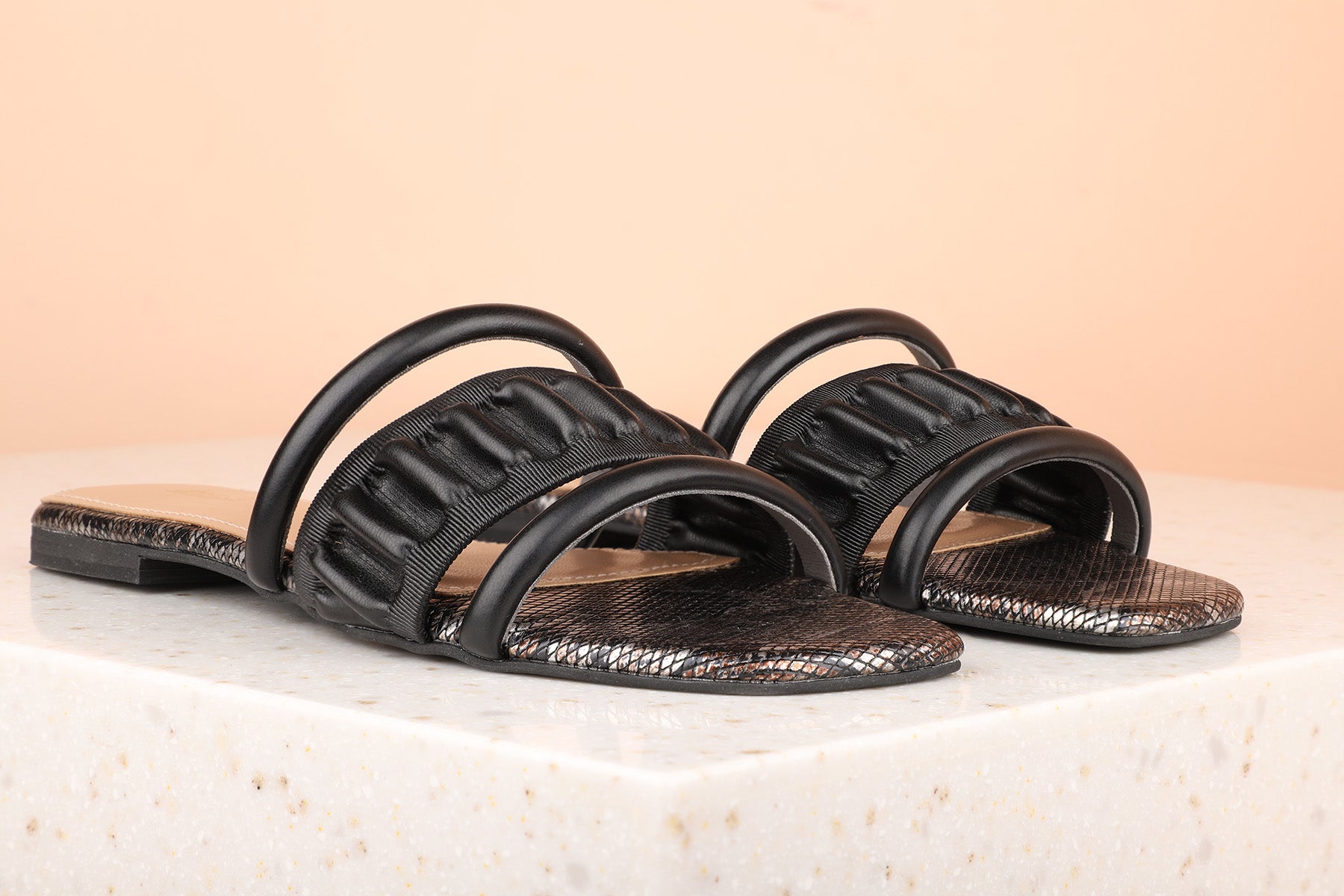 Buy Now Women Black Textured Open Toe Flats