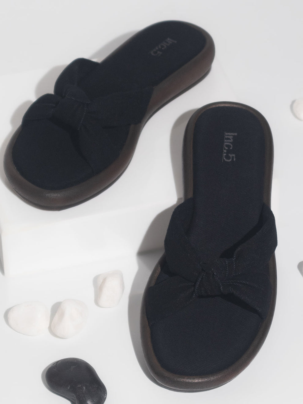 Buy Now Women Black Open Toe Flats with Knot Detail